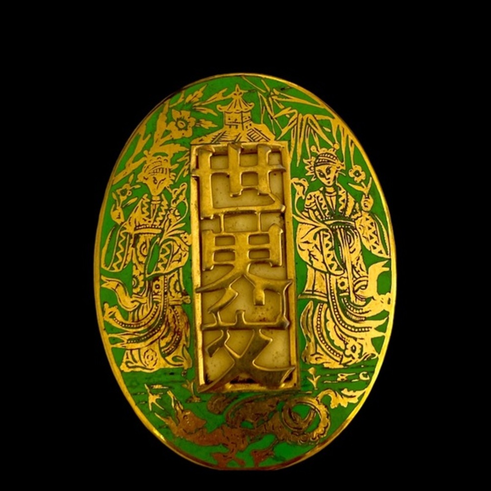 Golden Oversized Asian Pin/Pendant With Power Symbol - Gem